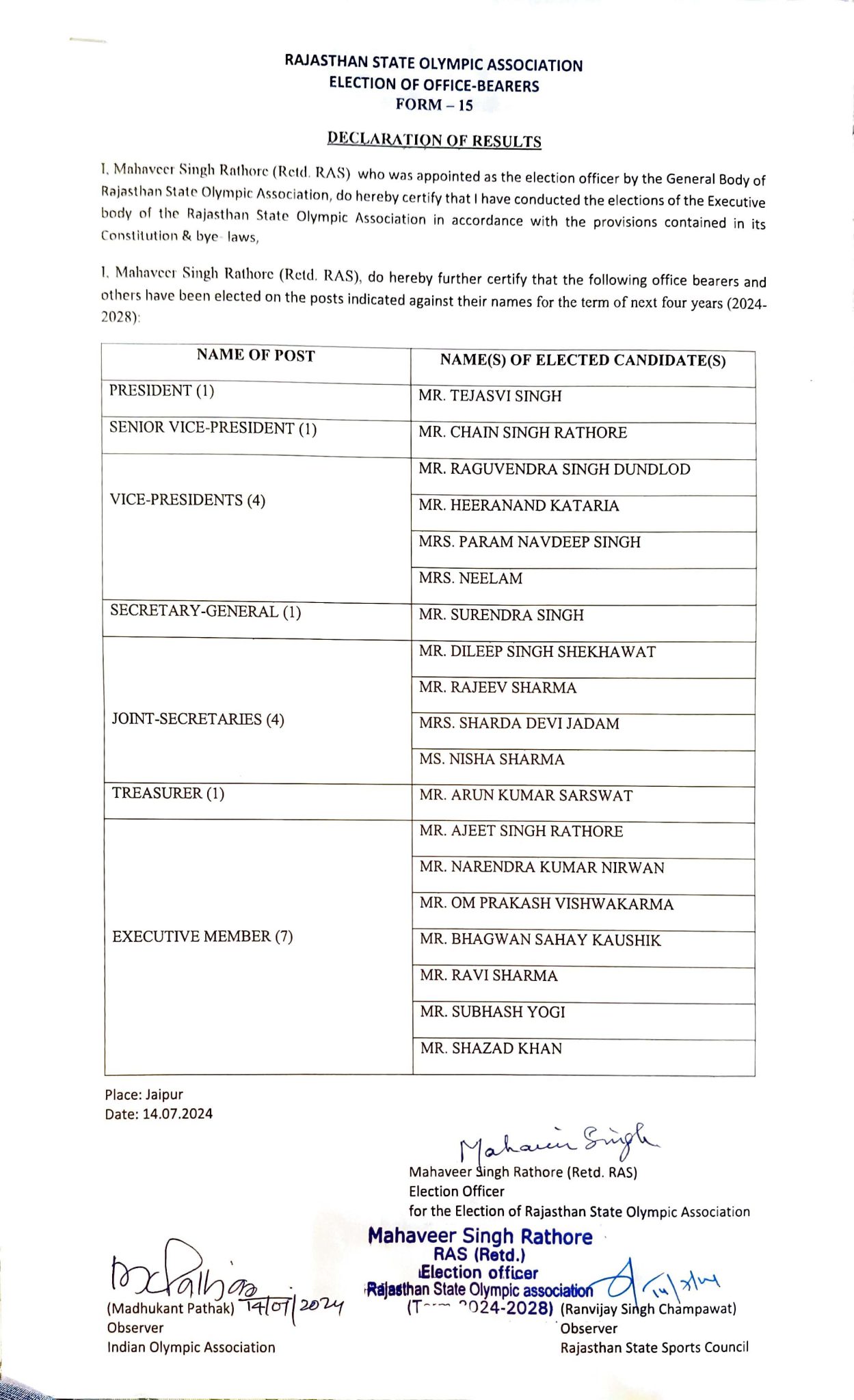 Election Form 15 (2024-2028) – RAJASTHAN STATE